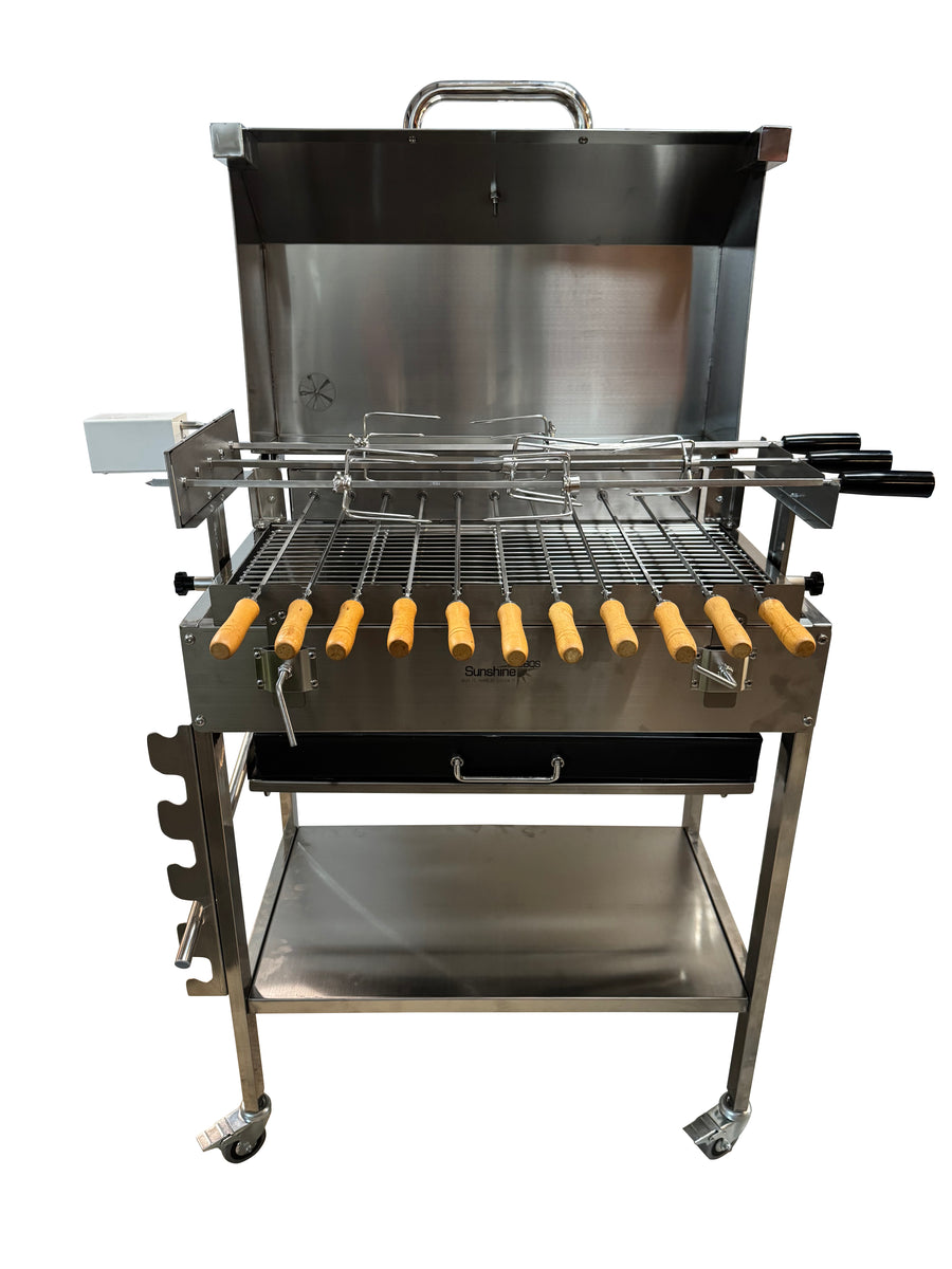 Stainless Steel Cypriot Greek Rotisserie Charcoal BBQ with Lid & Adjus ...